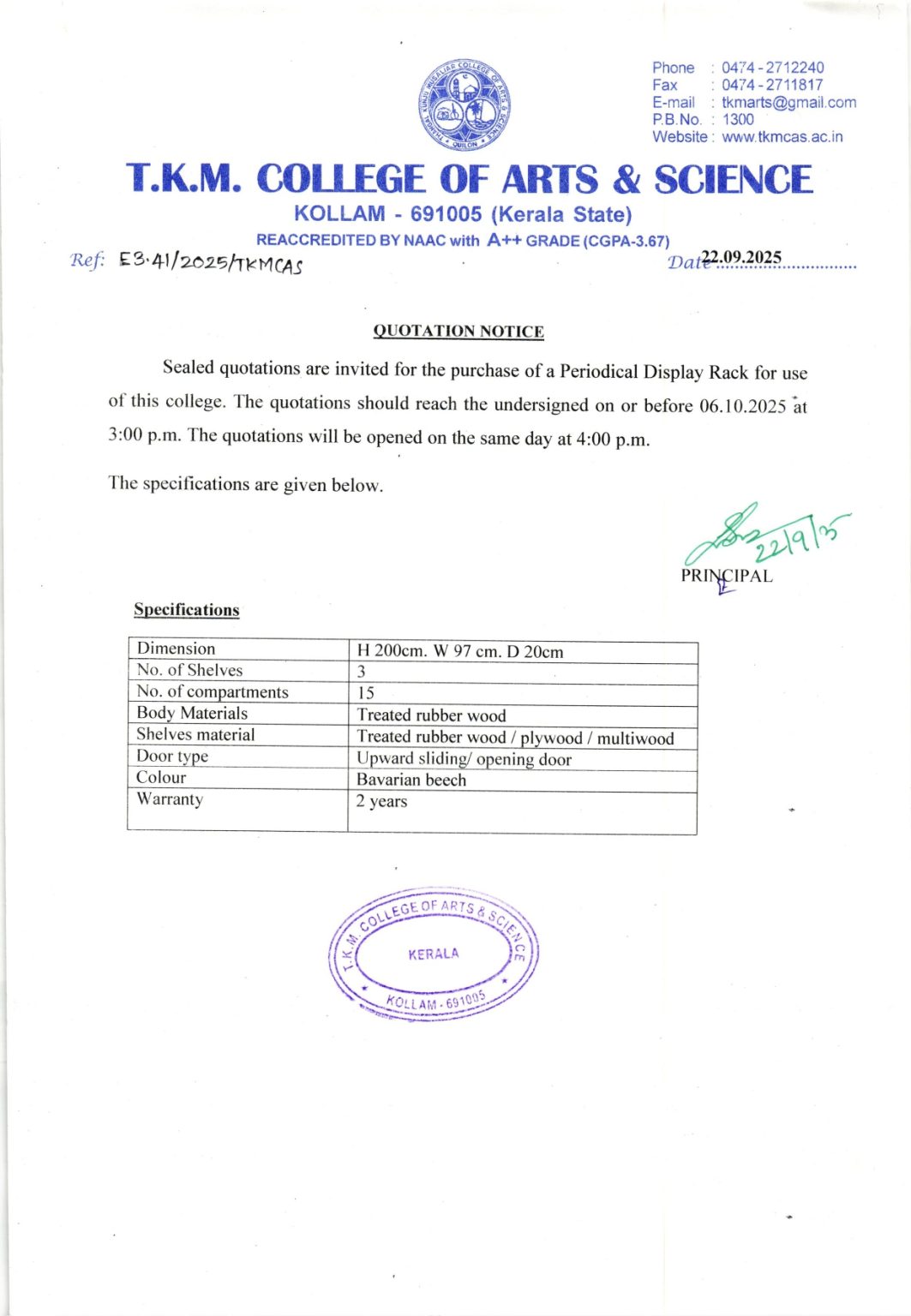 Sealed Tenders are invited for the purchase of Periodical Display Rack ...